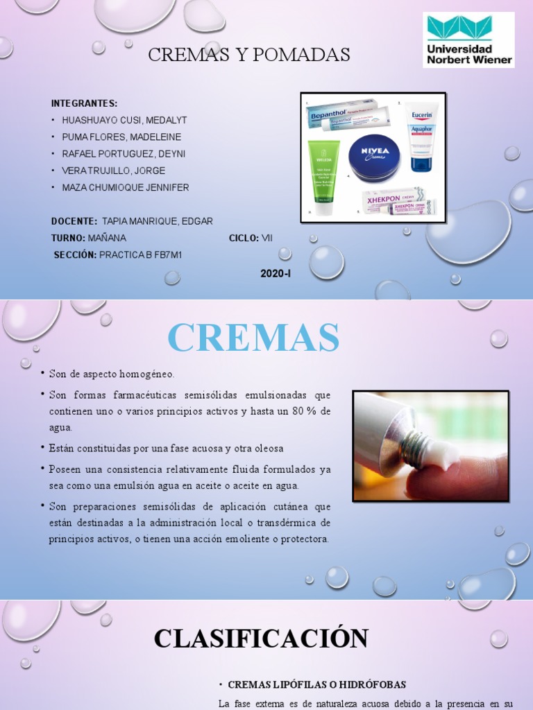 Características de Cremas y Pomadas | PDF | Emulsión | Medicamentos con ...