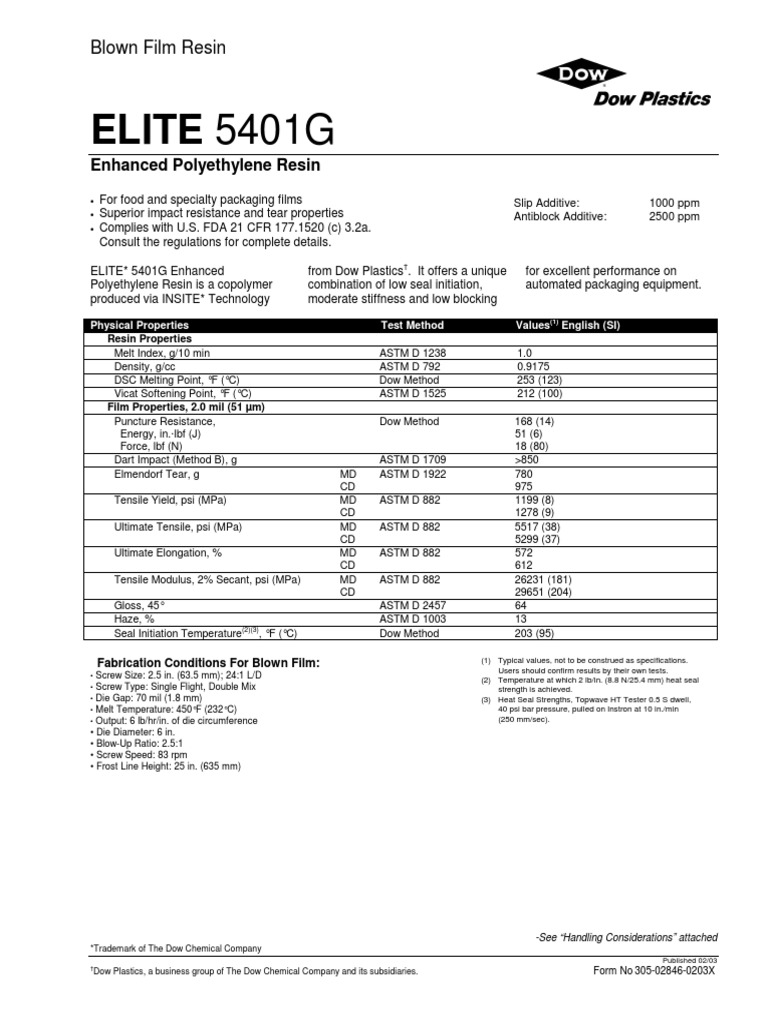 ELITE 5401G: Blown Film Resin | PDF | Waste Management | Dow Chemical ...