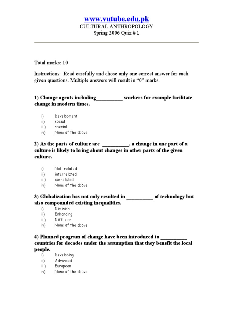 Cultural Anthropology - SOC401 Spring 2006 Quiz 01 | PDF | Cultural ...