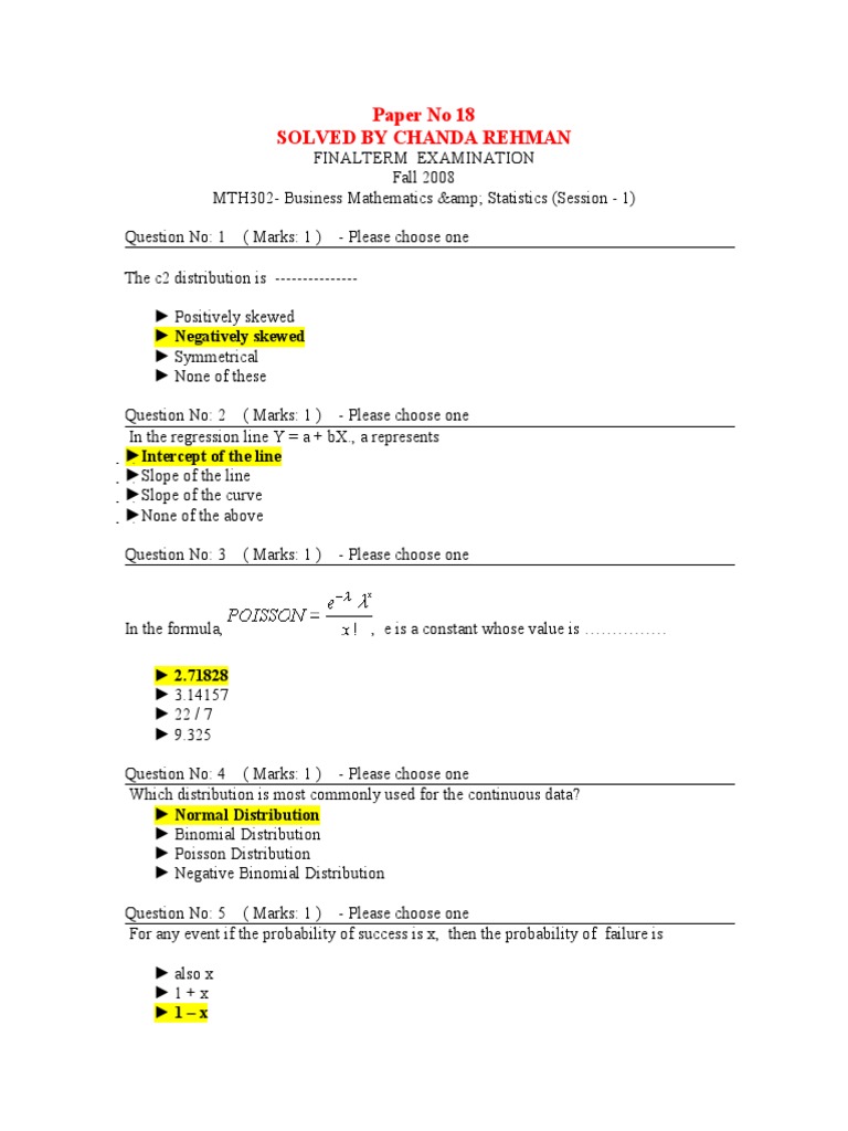 FinalTerm mth302 Solved Paper No 18 N 20 sharedbyNAiveeNiGmA PDF | PDF ...