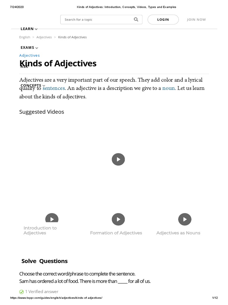 Kinds of Adjectives - Introduction, Concepts, Videos, Types and ...