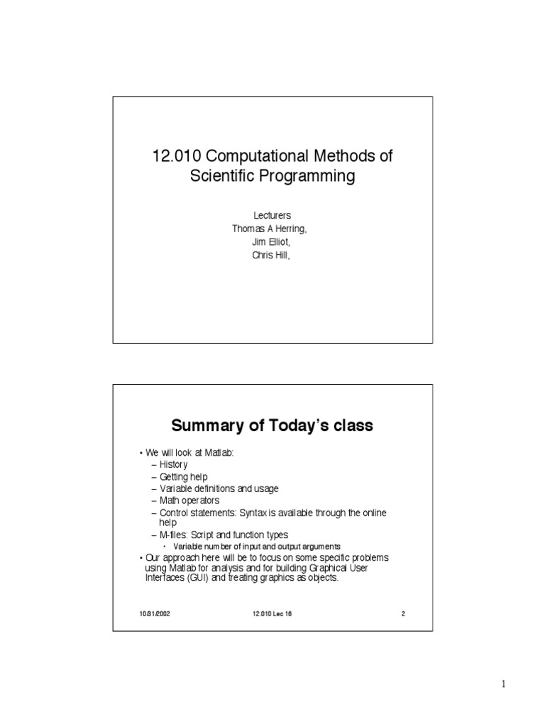 12.010 Computational Methods of Scientific Programming: Summary of Today's Class | PDF | Matlab ...