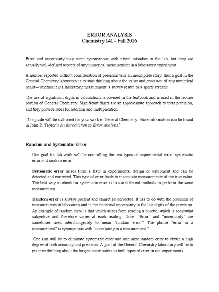 Error Analysis Chemistry 141 Fall 2016 Random And Systematic Error