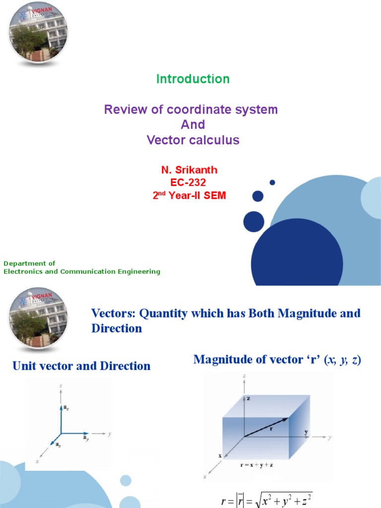 Review of Coordinate System and Vector Calculus: N. Srikanth EC-232 2 Year-II SEM | PDF | Vector ...