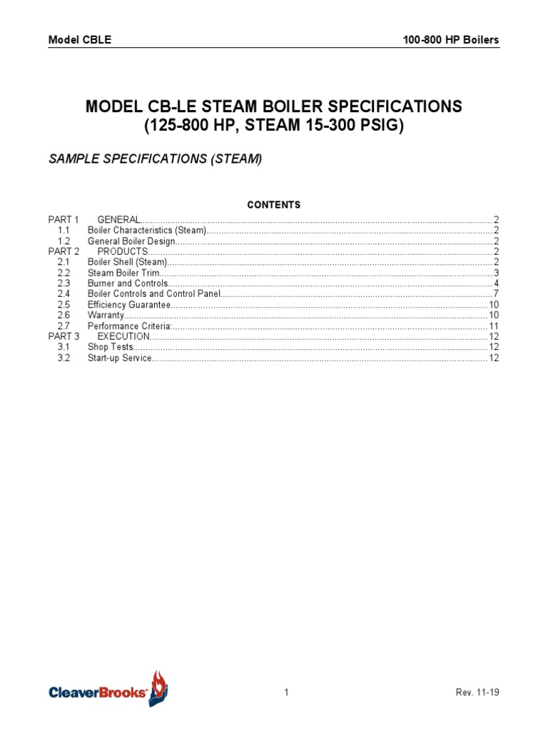 Model Cb-Le Steam Boiler Specifications (125-800 HP, STEAM 15-300 PSIG ...