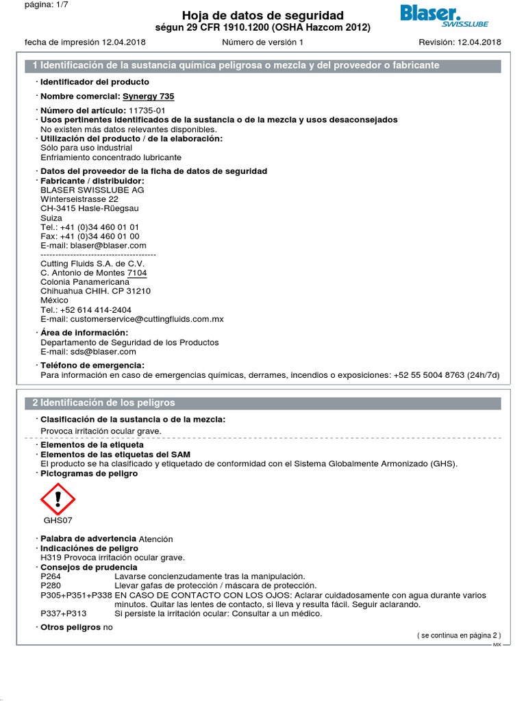 SDS Synergy 735 11735-01 MX PDF | PDF | Guante | Agua