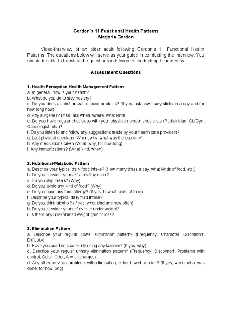 Gordon's 11 Functional Health Patterns | PDF | Physical Examination ...