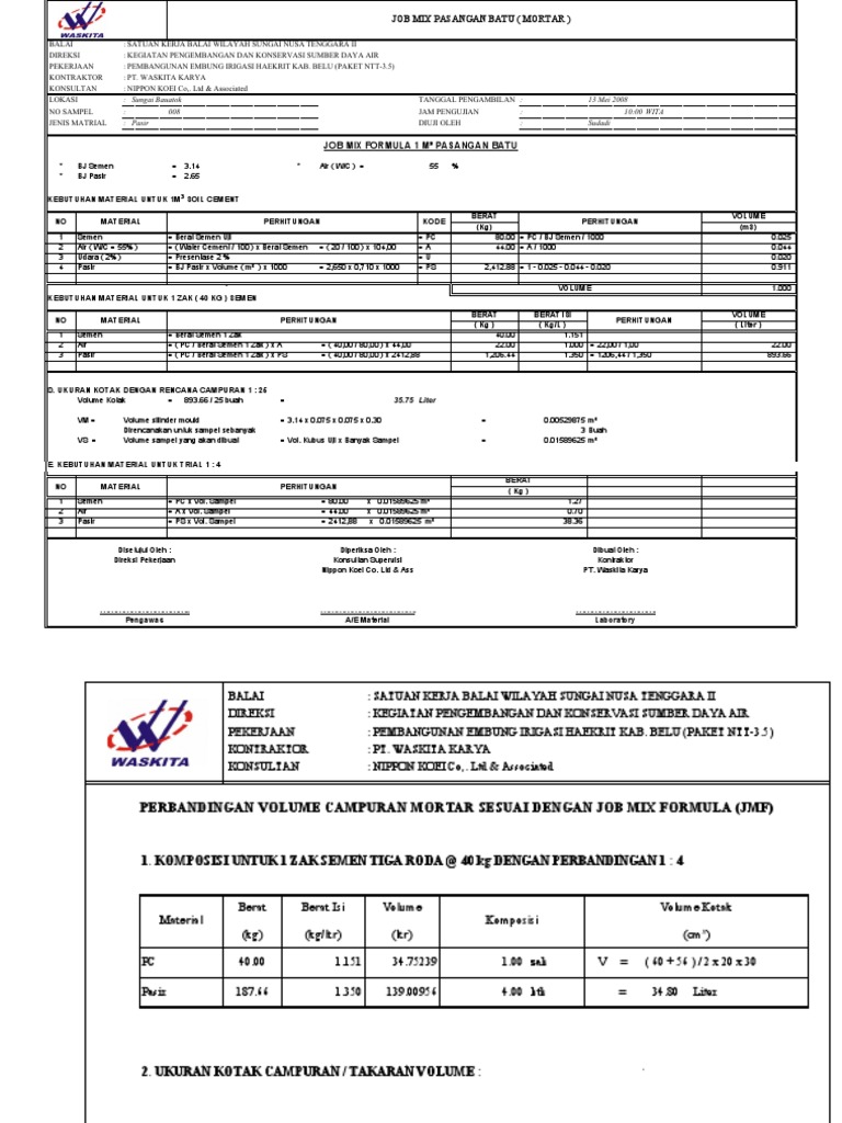 Job Mix Formula Mortar Pasangan Batu | PDF