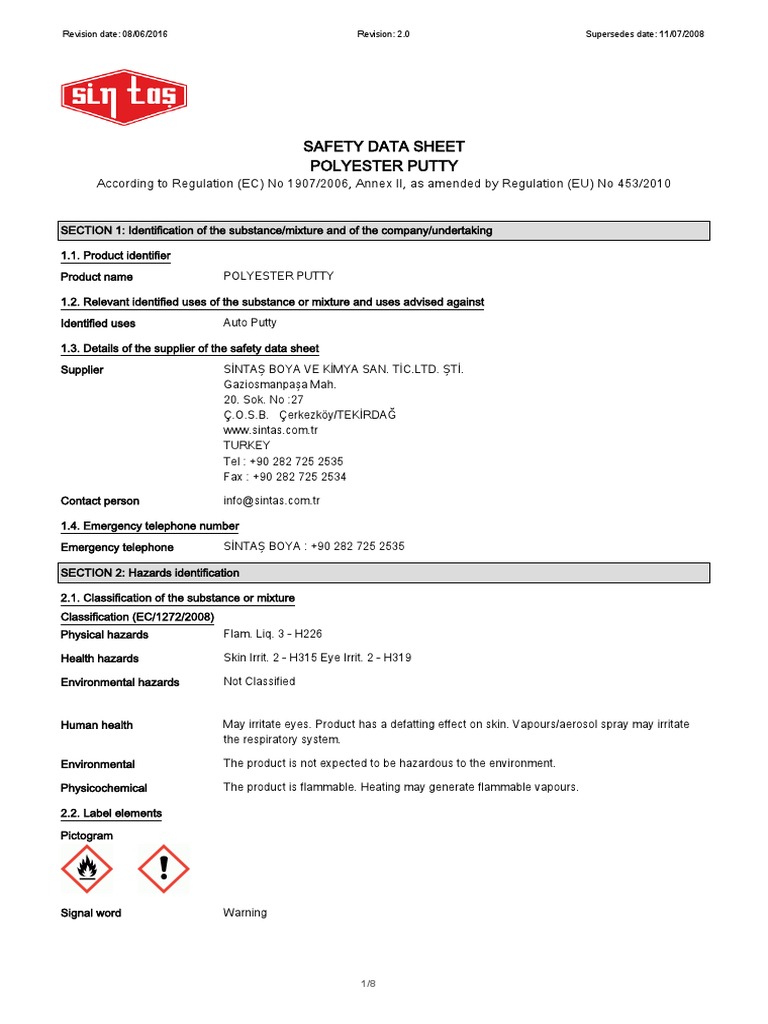 Poly Ester Putty Msds | PDF | Firefighting | Toxicity
