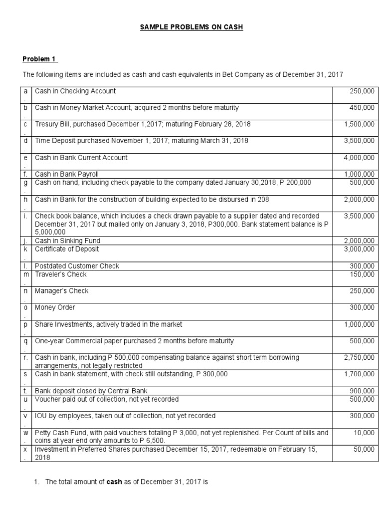 Sample Problems On Cash | PDF | Cheque | Debits And Credits