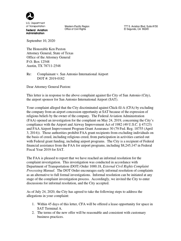 September 10, 2020 Letter From FAA To Texas Attorney General Ken Paxton ...