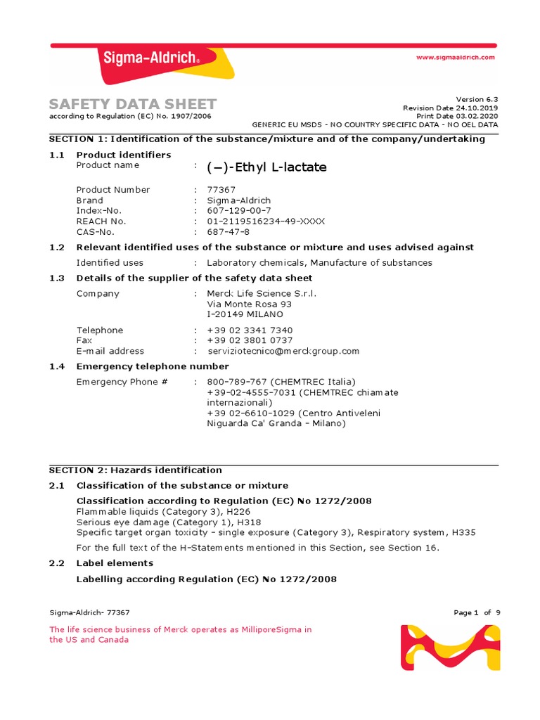 Safety Data Sheet: ( ) - Ethyl L-Lactate | PDF | Dangerous Goods | Toxicity
