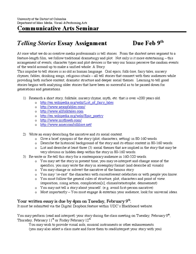 Telling Stories Essay Assignment: Communicative Arts Seminar Due Feb 9 ...