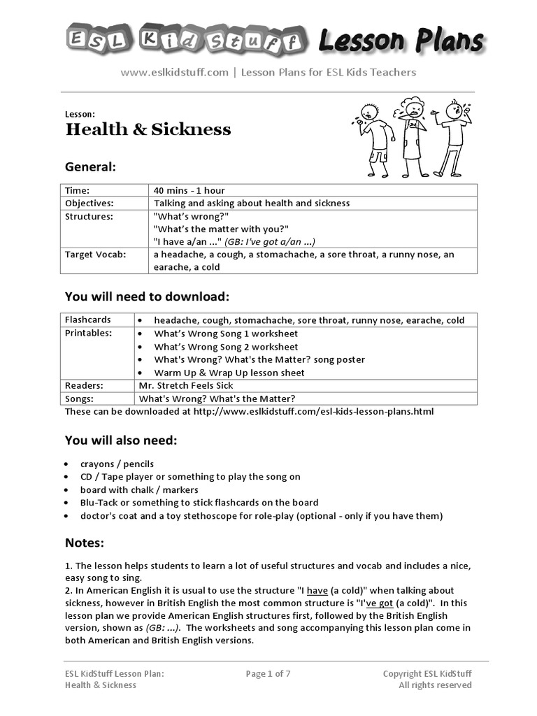 Health Sickness Lesson Plan PDF | PDF | Lesson Plan | English As A ...