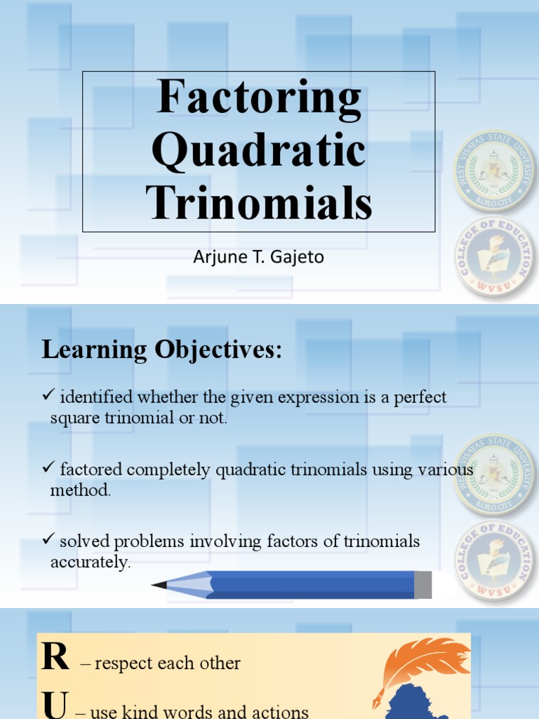 Factoring Quadratic Trinomials Guide | PDF | Factorization | Multiplication
