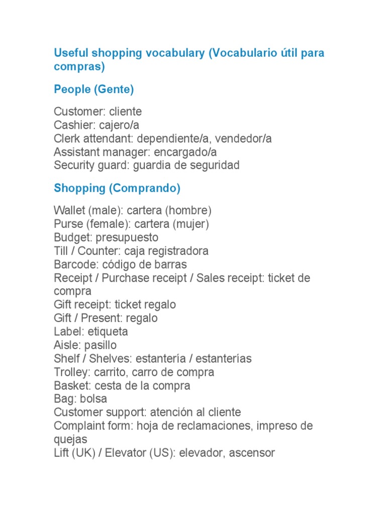 Vocabulario útil para compras en inglés | PDF