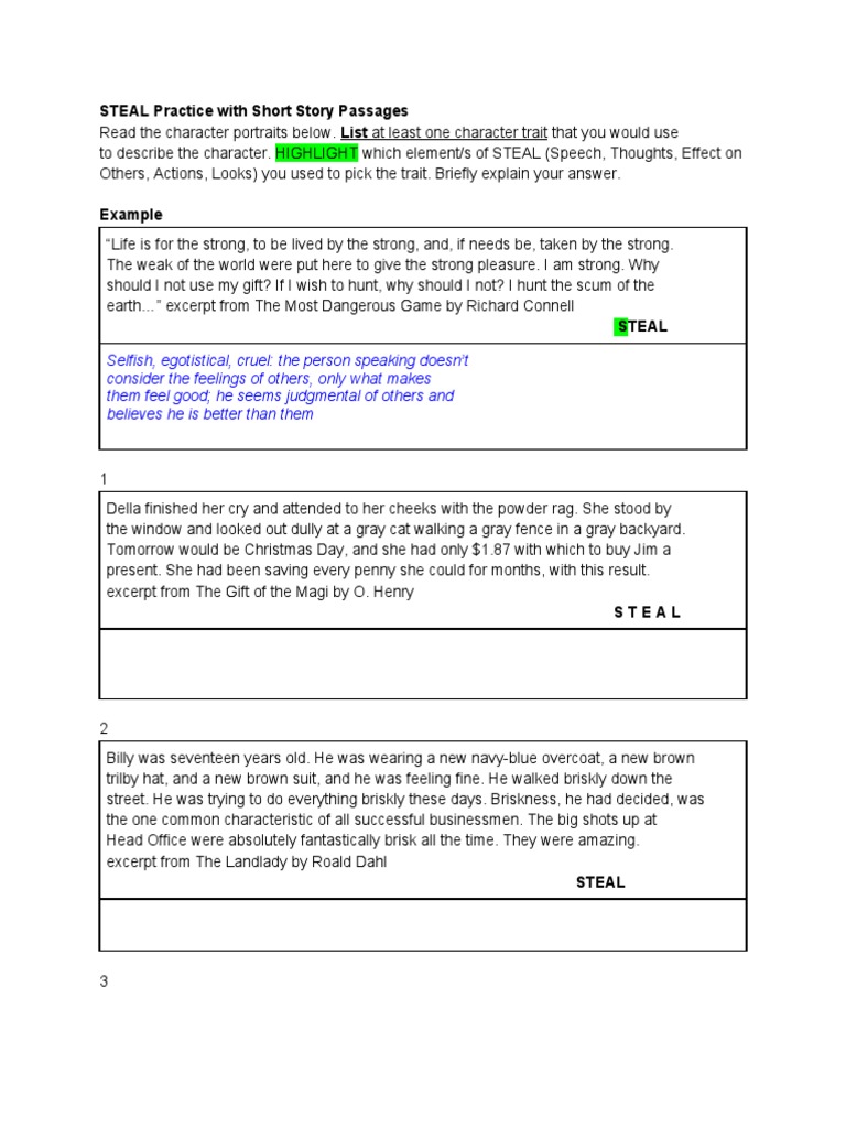 STEAL Practice With Short Story Passages | PDF | Short Stories