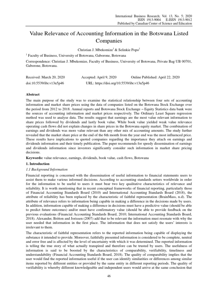 Value Relevance of Accounting Information in The Botswana Listed Companies | PDF | International ...