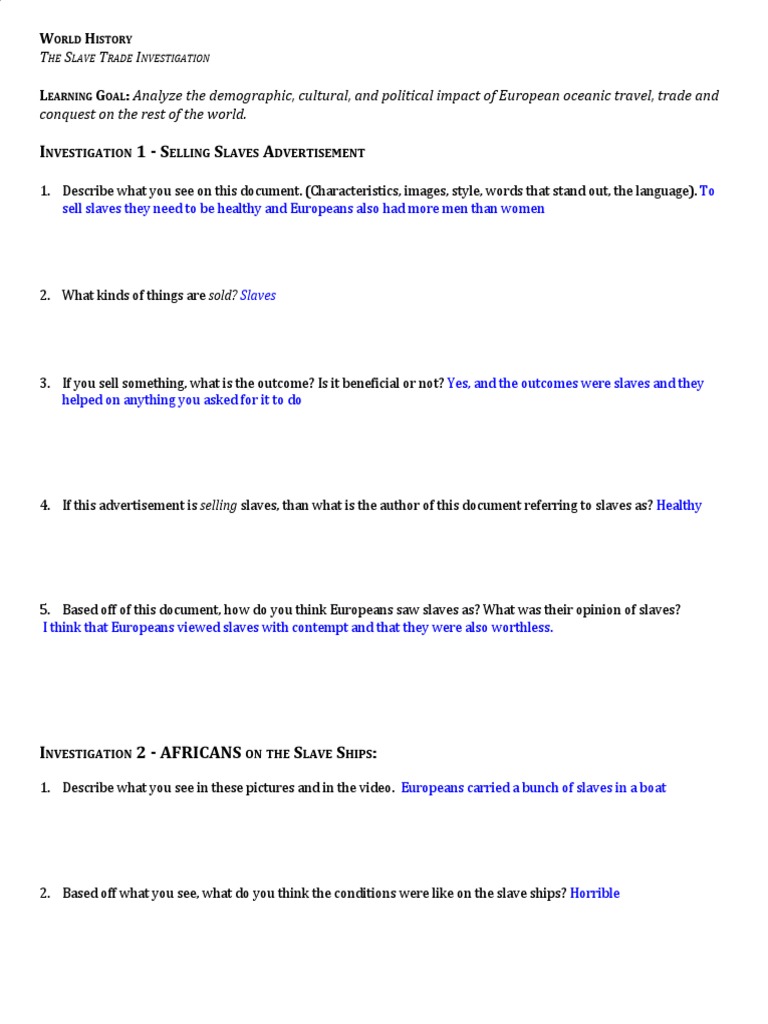 Impacts of The Slave Trade Investigation Worksheet PDF | Download Free ...