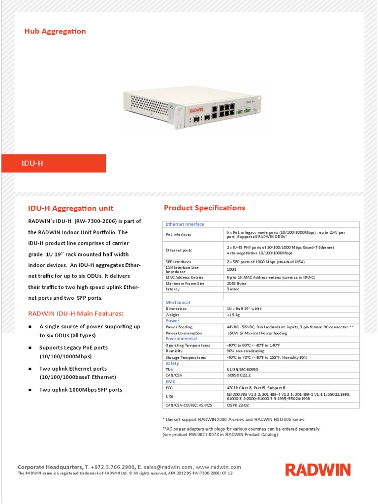 IDU-H Datasheet | PDF | Ethernet | Digital Technology