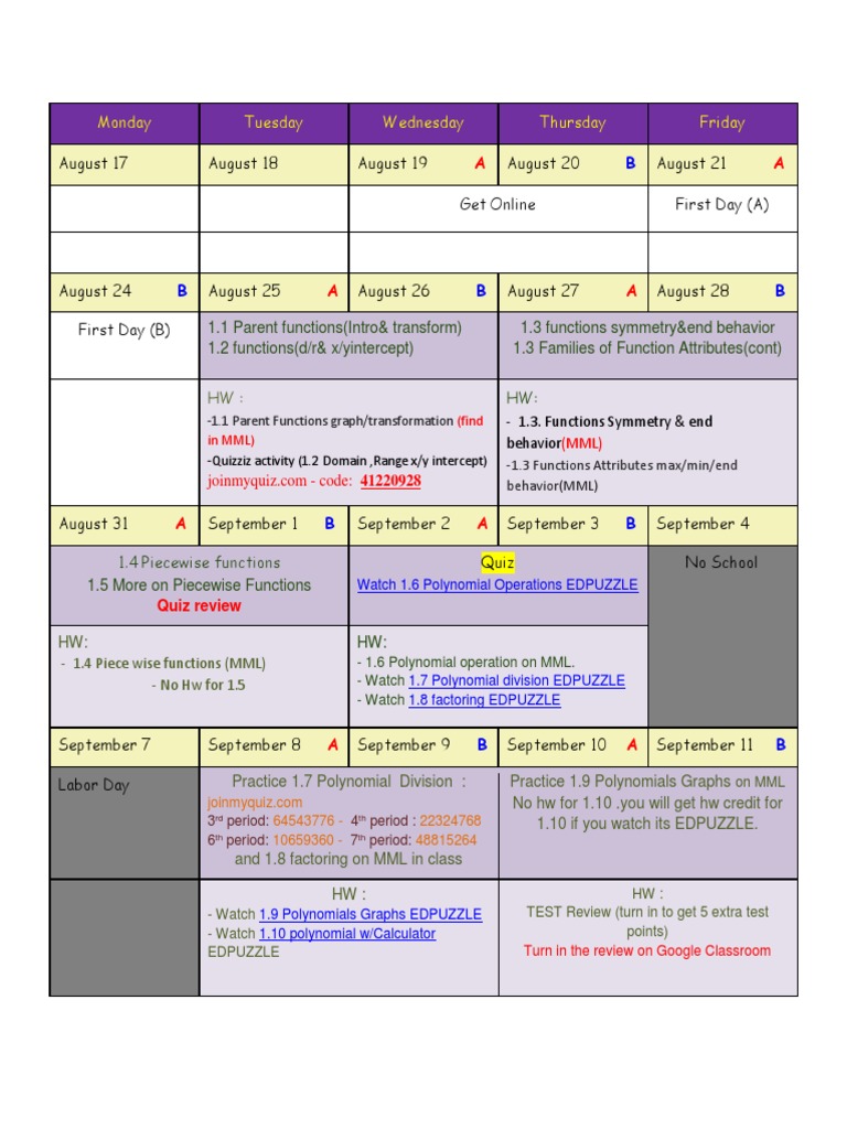 Precal Unit 1 Calendar | PDF | Computational Science | Mathematical ...