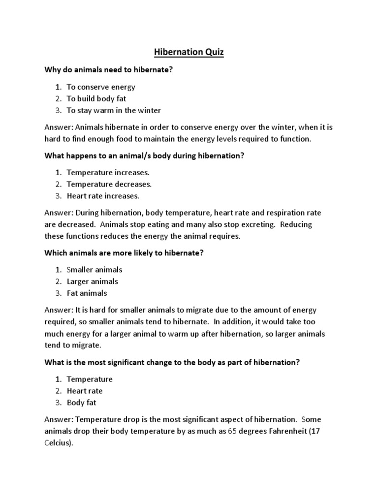 Hibernation Quiz: Why Do Animals Need To Hibernate? | PDF