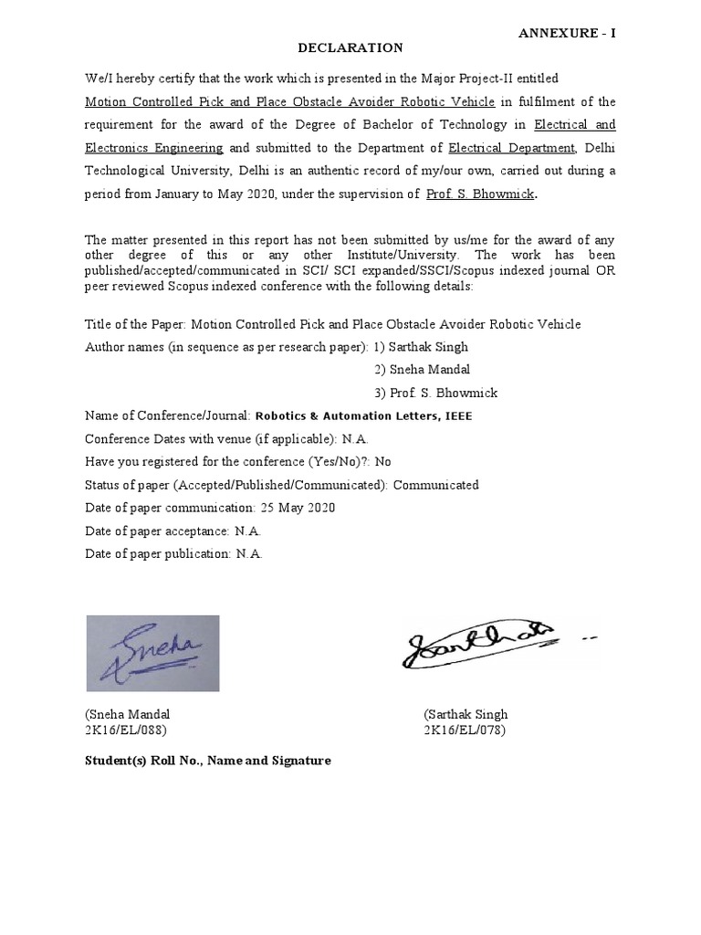 Annexure - I Declaration: Robotics & Automation Letters, IEEE | PDF ...