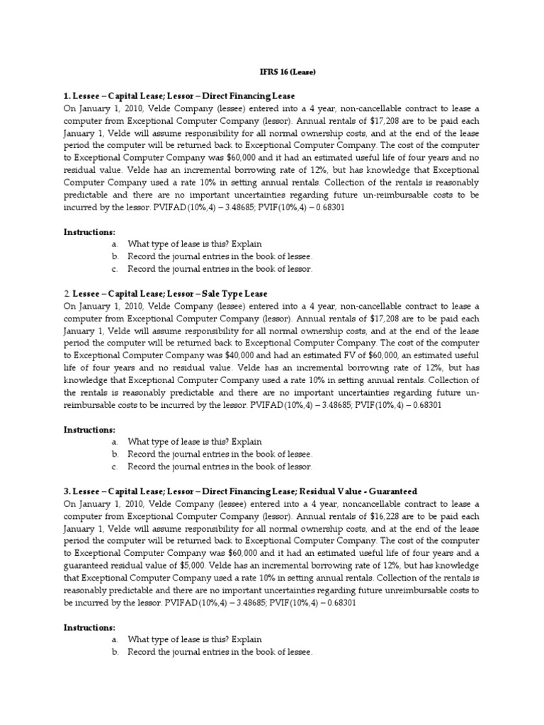 Lessee - Capital Lease Lessor - Direct Financing Lease | PDF | Lease ...