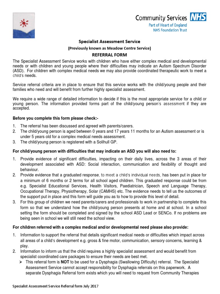 Autism Assessment Referral Form | PDF | Autism Spectrum | Behavioural ...
