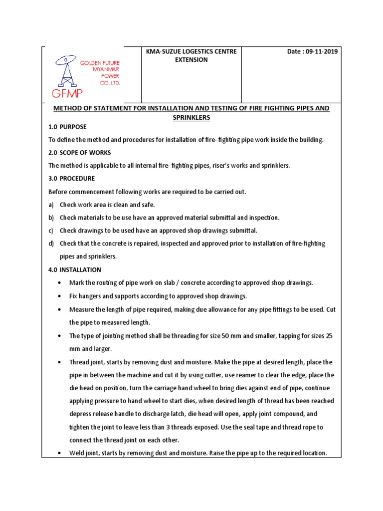 Method of Statement For Fire Fighting Inside Building | PDF | Pipe ...