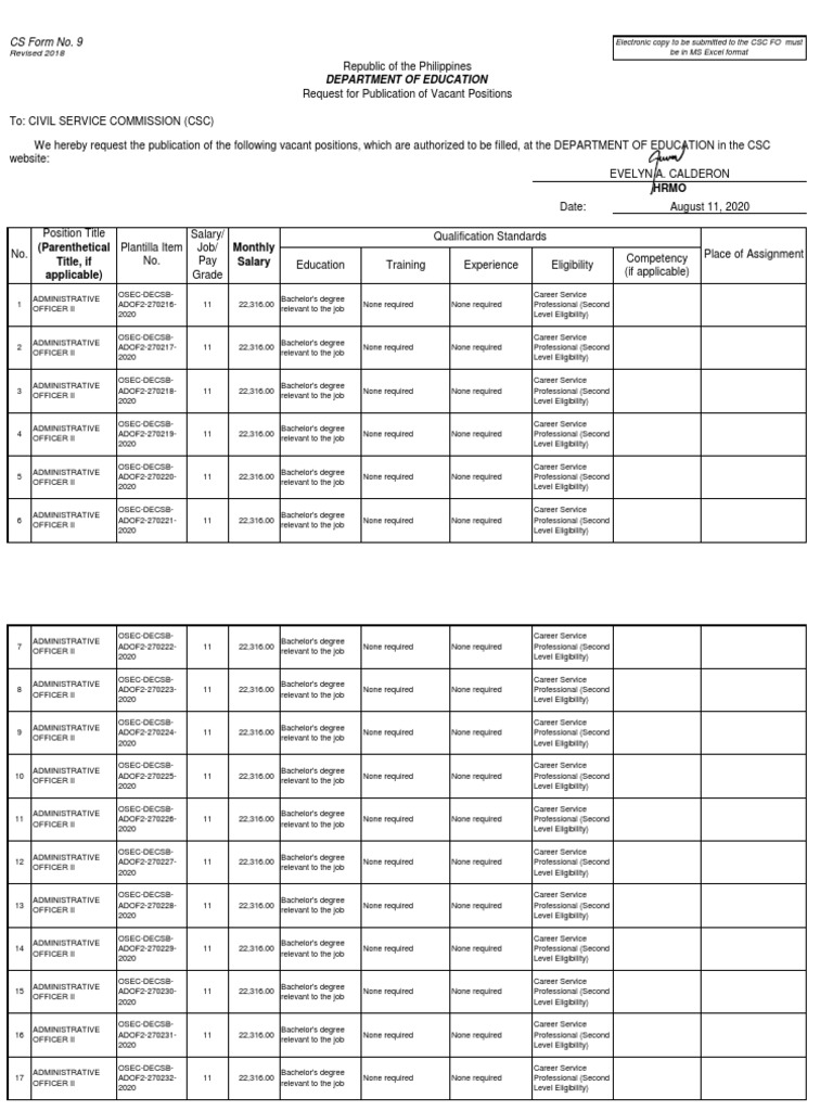 Department of Education: CS Form No. 9 | Download Free PDF | Government ...