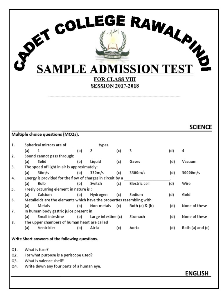 Sample Admission Test Class 8th 2017 | PDF | Chemistry | Physical Sciences