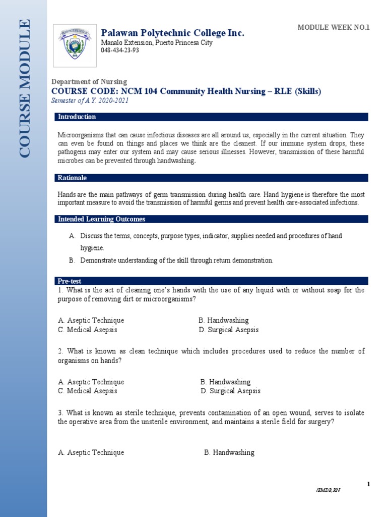 Chn Rle Module 1 Hand Washing Pdf Hand Washing Hygiene