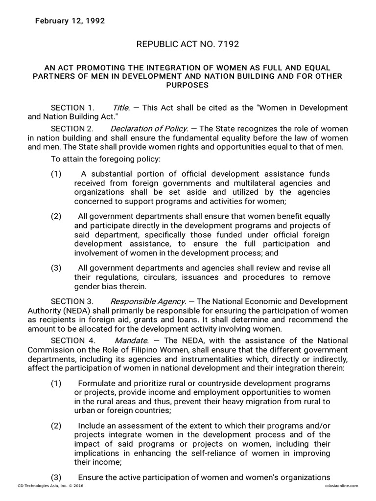 REPUBLIC ACT NO. 7192 (Women in Development and Nation Building Act ...