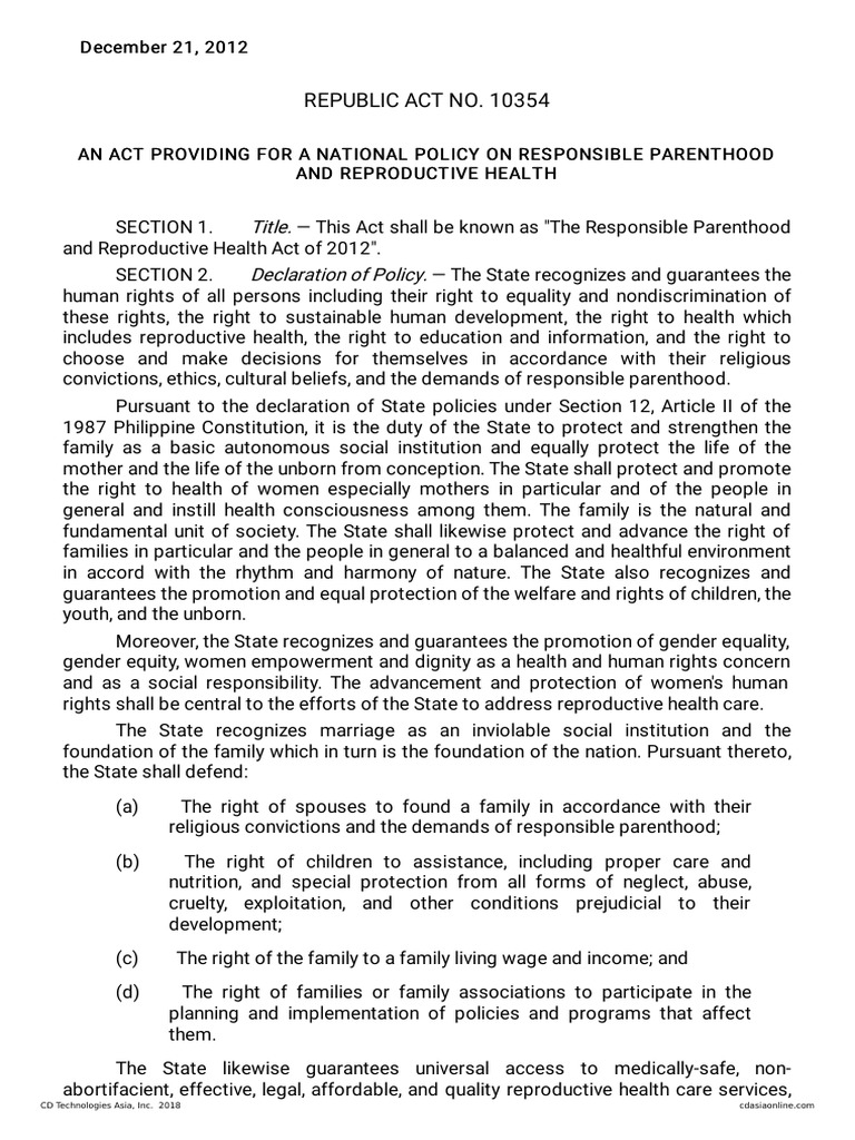 REPUBLIC ACT NO. 10354 (The Responsible Parenthood and Reproductive ...