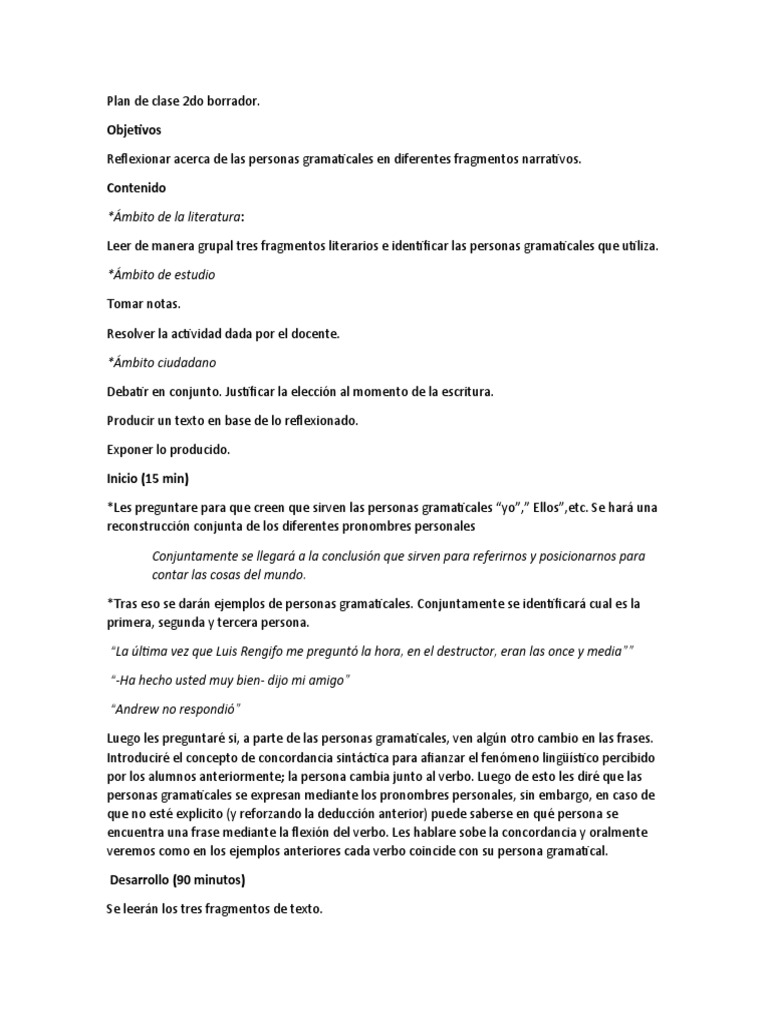 Plan de Clase 2do Borrador | PDF | Plural | Verbo