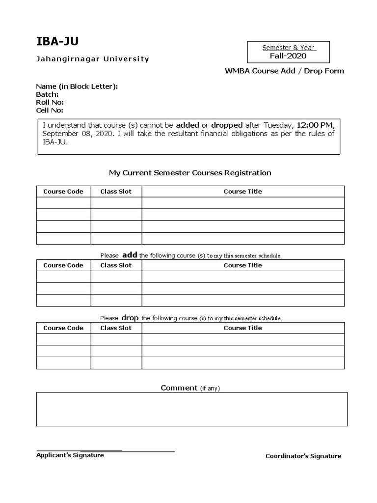 Add Drop Form Fall 2020 | PDF