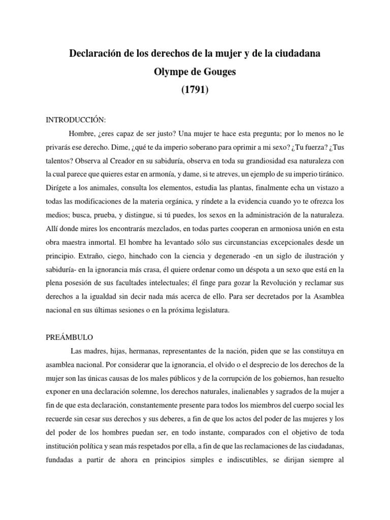 Declaración de Los Derechos de La Mujer y de La Ciudadana | PDF | Mujer ...