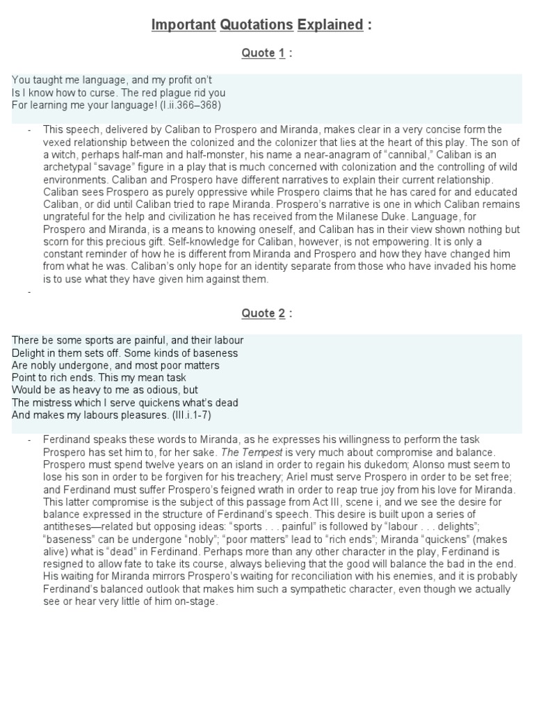 Important Quotations Explained:: Quote 1 | PDF | The Tempest