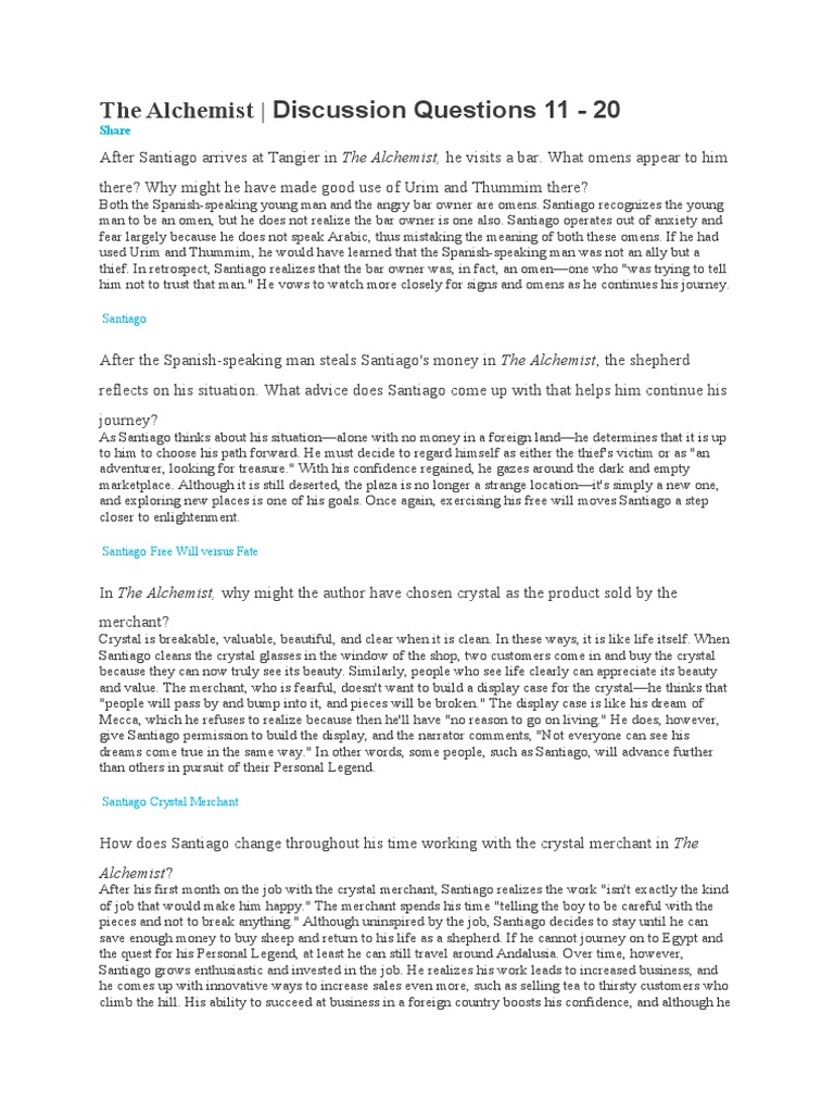 The Alchemist - Discussion Questions 11 - 20: Share | PDF | Alchemy