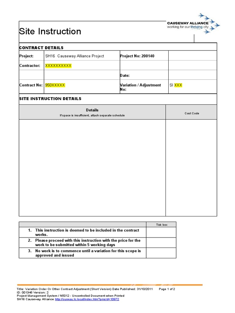Site Instruction: Contract Details SH16 Causeway Alliance Project ...