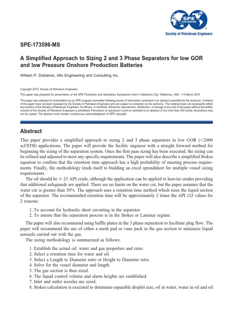 SPE-173598-MS A Simplified Approach To Sizing 2 and 3 Phase Separators PDF | PDF | Reynolds ...
