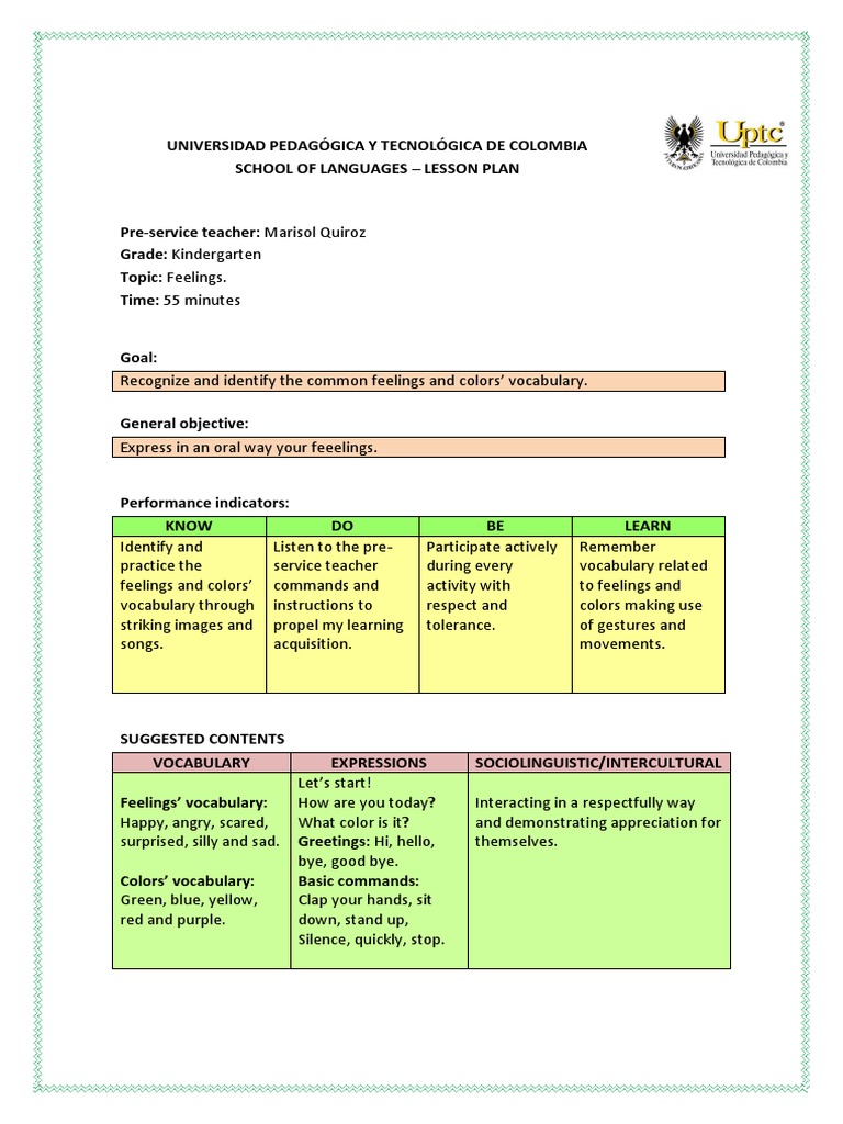 Feelings-Lesson Plan Kindergarten | PDF | Vocabulary | Lesson Plan