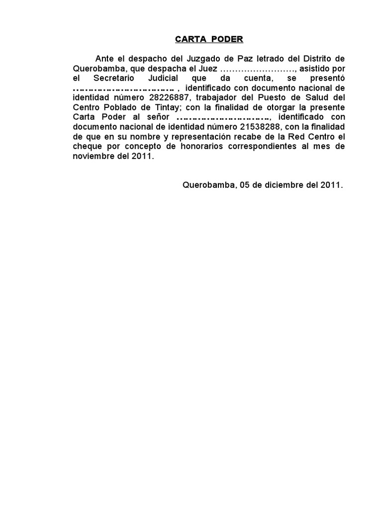 Modelo de Carta Poder Legalizada | PDF | Gobierno y personalidad ...