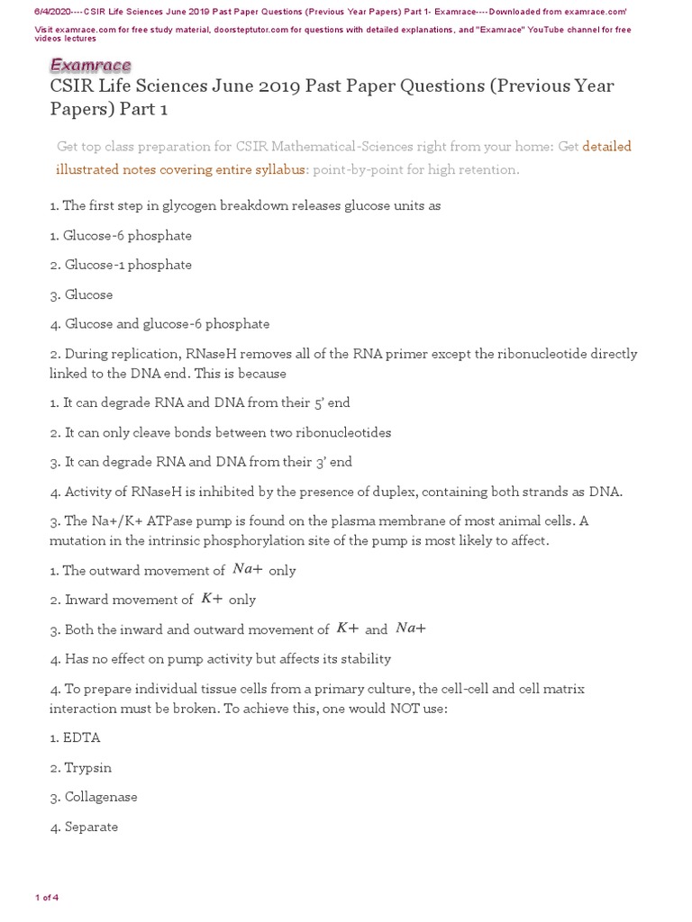 CSIR Life Sciences June 2019 Part 1 PDF | PDF | Science & Mathematics