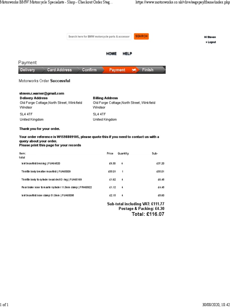 Motorworks BMW Motorcycle Order Confirmation | PDF