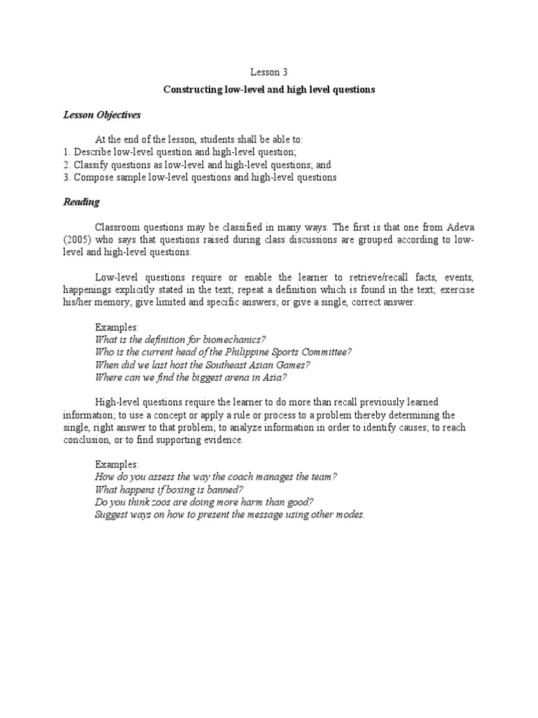 Lesson Objectives: Constructing Low-Level and High Level Questions | PDF