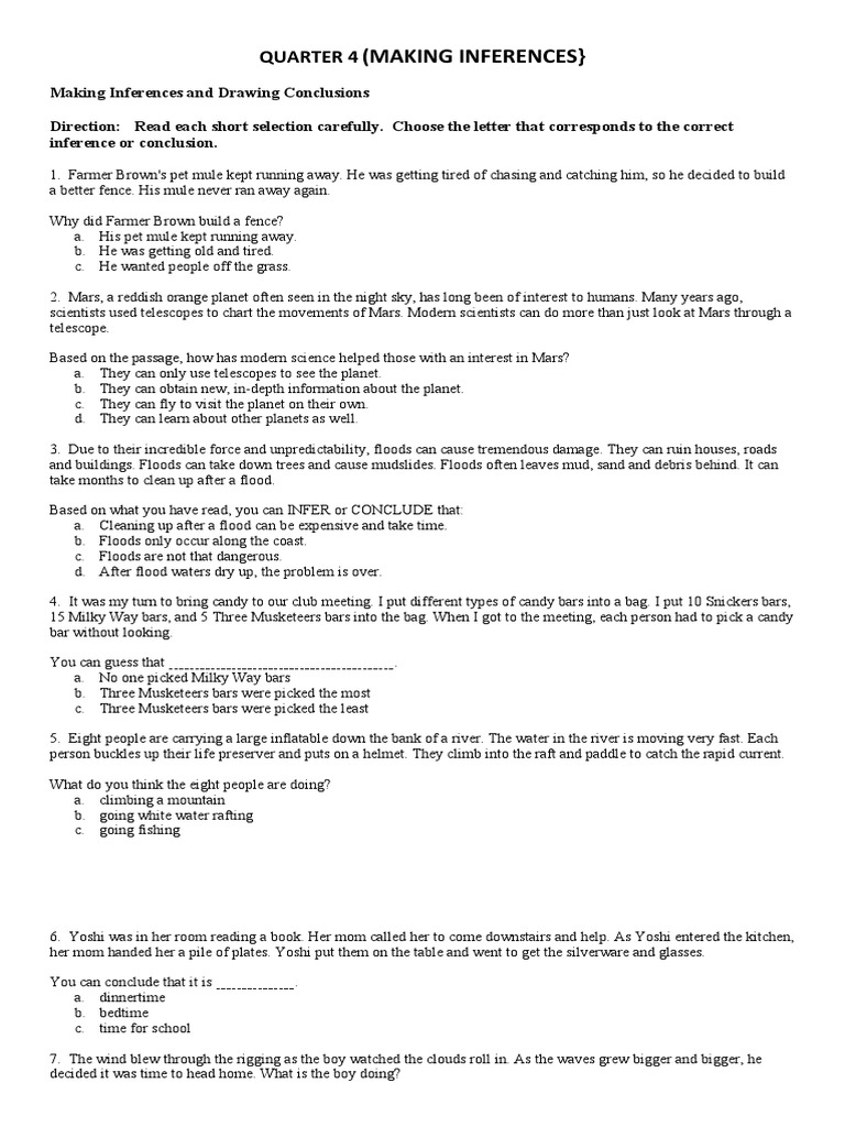 ENGLISH 6 QUIZ 1 QTR 4 (Making Inferences) | PDF | Mars | Nature