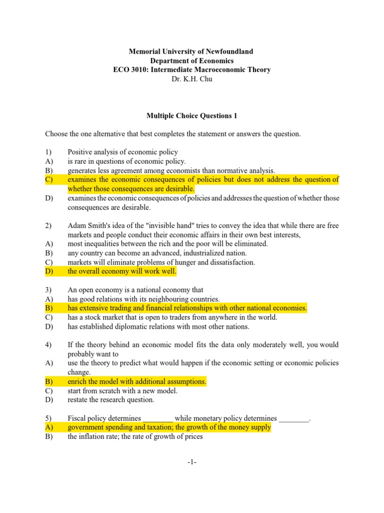 Multiple Choice 1 | PDF | Macroeconomics | Economics