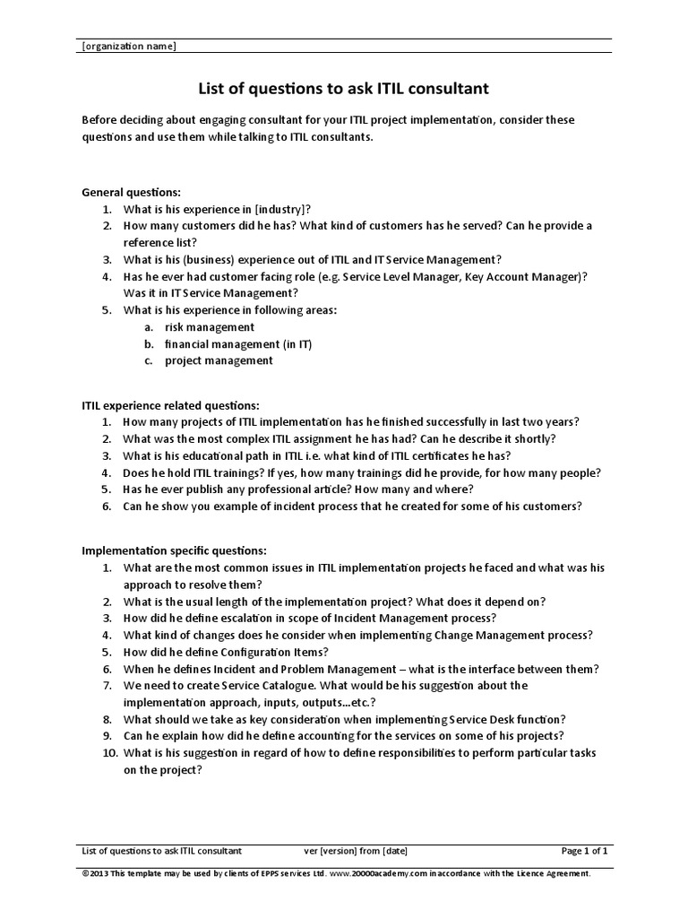 List of Questions To Ask ITIL Consultant EN | PDF | Itil | It Service ...